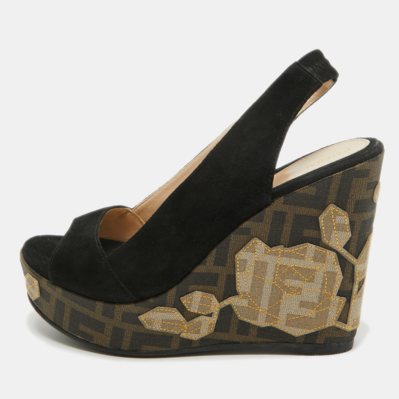 Fendi | Shoes | Fendi Black Suede Zucca Appliqued Wedge Platform ...
